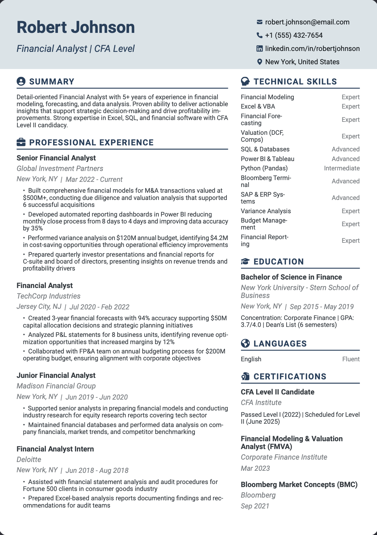 Financial Analyst Resume Example | ATS-Friendly Template | QuickCV